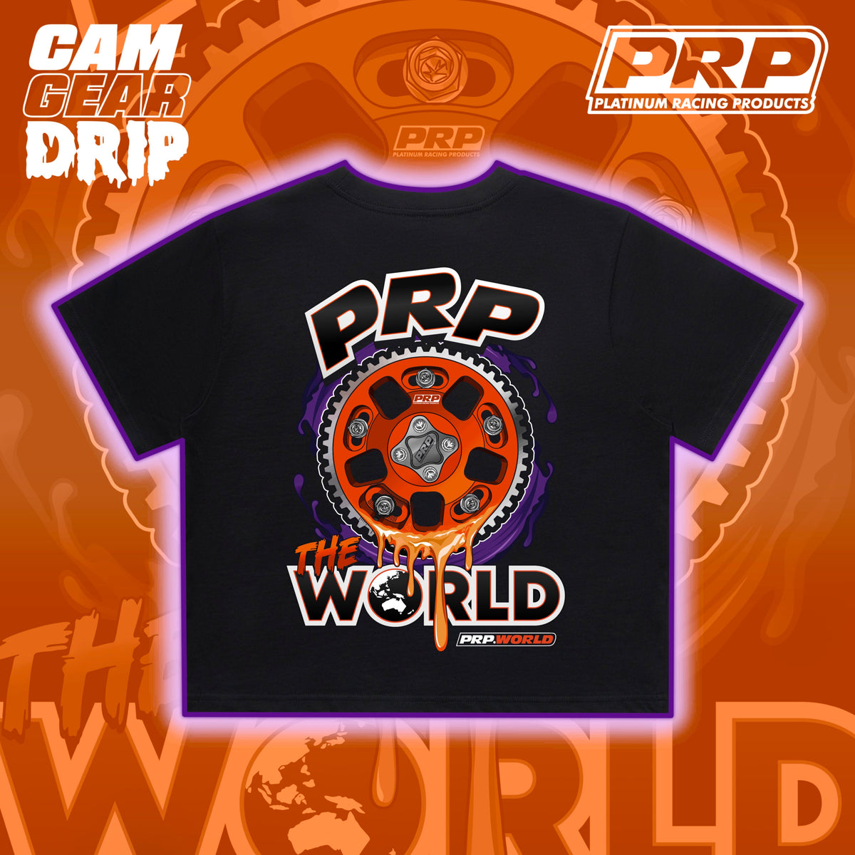 PRP Orange Cam Gear Drip Croptop — Platinum Racing Products